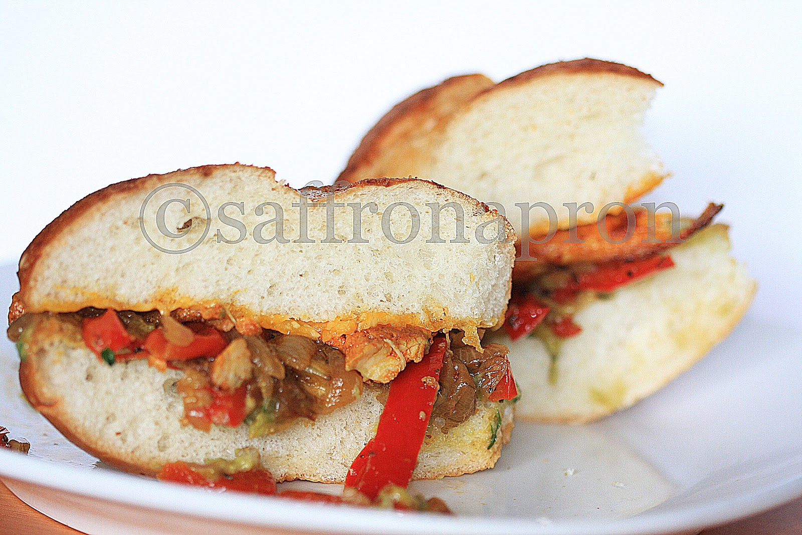 Saffron Apron: Chicken sandwich with red pepper relish and guacamole