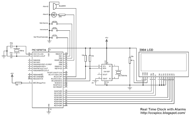 Real Time Clock with Alarm Using PIC16F877A and DS1307 RTC