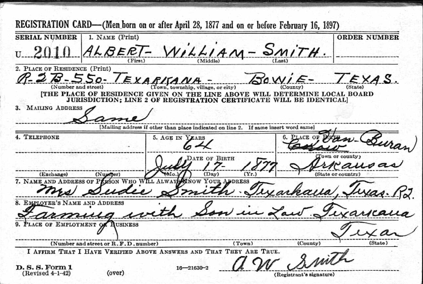East Texas Genealogy: AWJ Smith World War II draft card