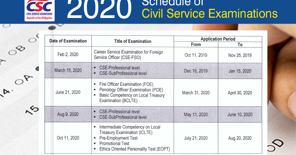 Civil Service Exam PH: 2020 Calendar of Civil Service Written Examinations