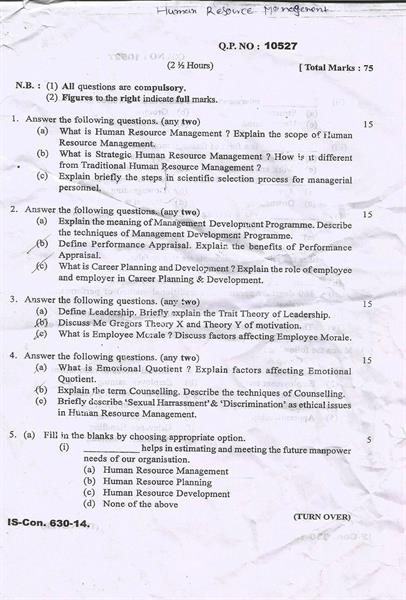 MU B.Com 6th Semester Human Resource Management 2015 Question Paper ...