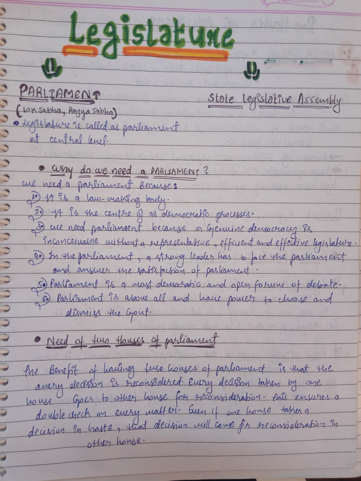 Handwritten Notes of LEGISLATURE - Political Science - Class 11th ...