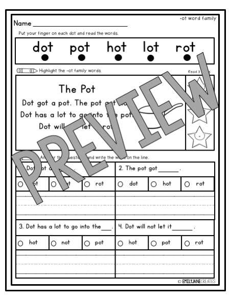 Emily Jane Creates: READING COMPREHENSION PASSAGES-CVC WORD FAMILY WORDS