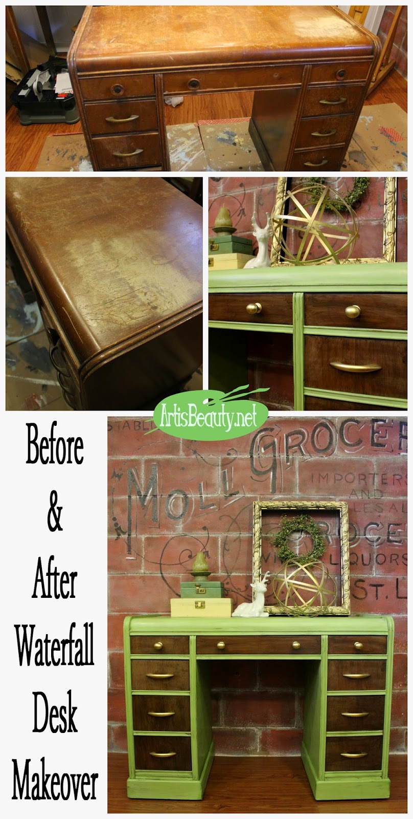 ART IS BEAUTY: THINK SPRING! Green Vintage Waterfall Desk Painted Makeover