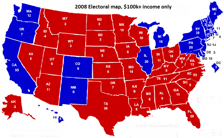 2008 Presidential electoral map, $100k+ only ~ anepigone-Politico-blog
