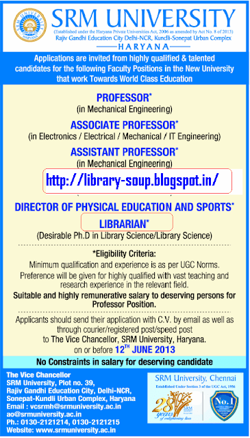 The Library Soup : Librarian Vacancy at SRM University, Kundli, Sonepat ...