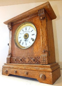 Antique Clocks: Early English Alarm mantle clock oak by Fattorini & Sons