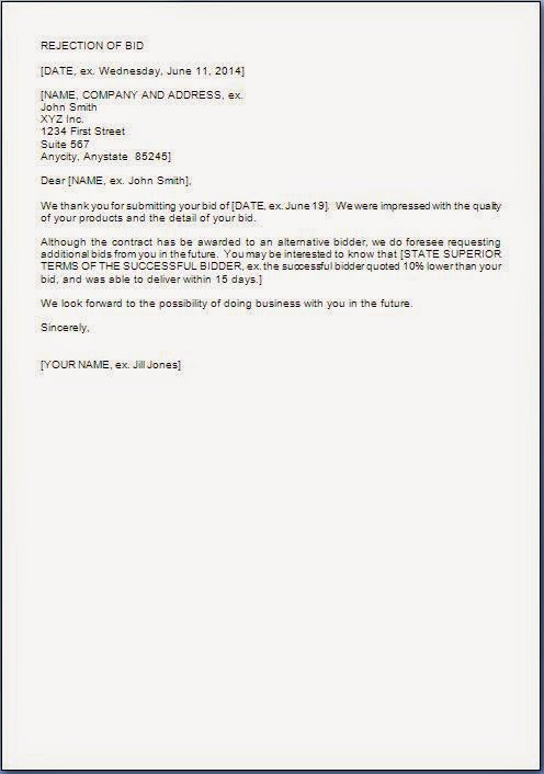 Bid or Proposal Rejection Letter to a Company