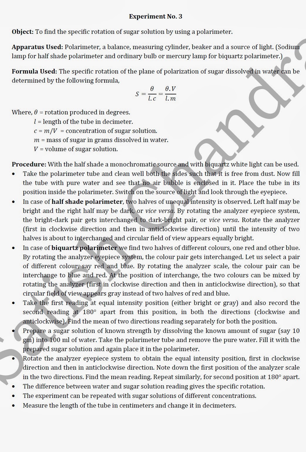 To find the specific rotation of sugar solution by using a polarimeter