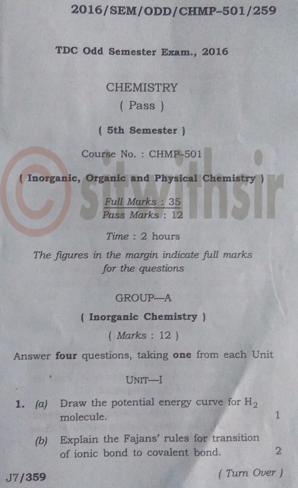 chemistry question of 5th sem 2016 (****Must read******) | SITwithSIR