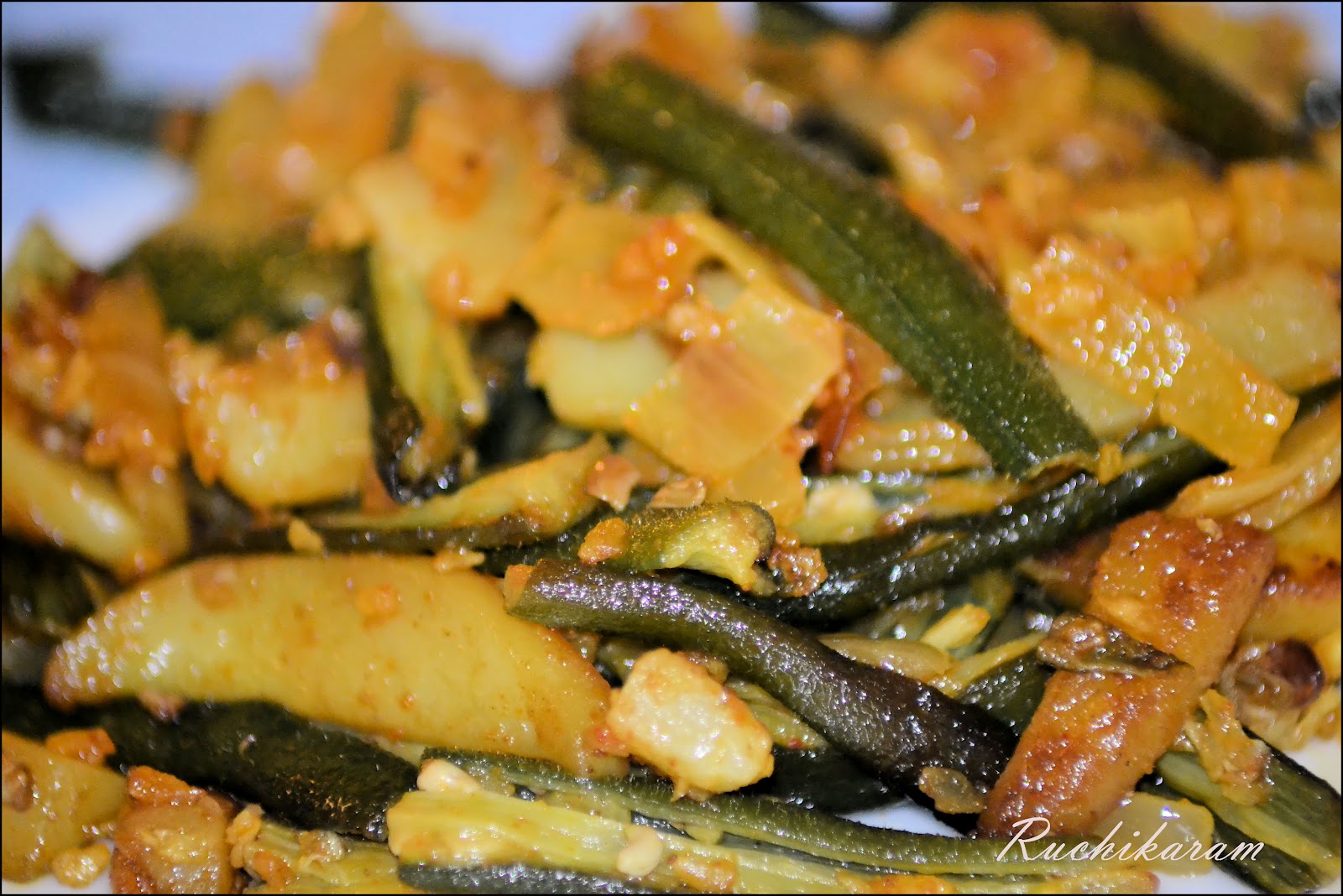 Ruchikaram: Potato Okra Fry( Vendakka urulakizhang Mezhukkupuratti)