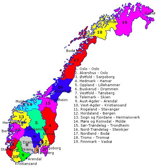 Kart over Norge Politisk | Kart over Norge By Regional Provinsen