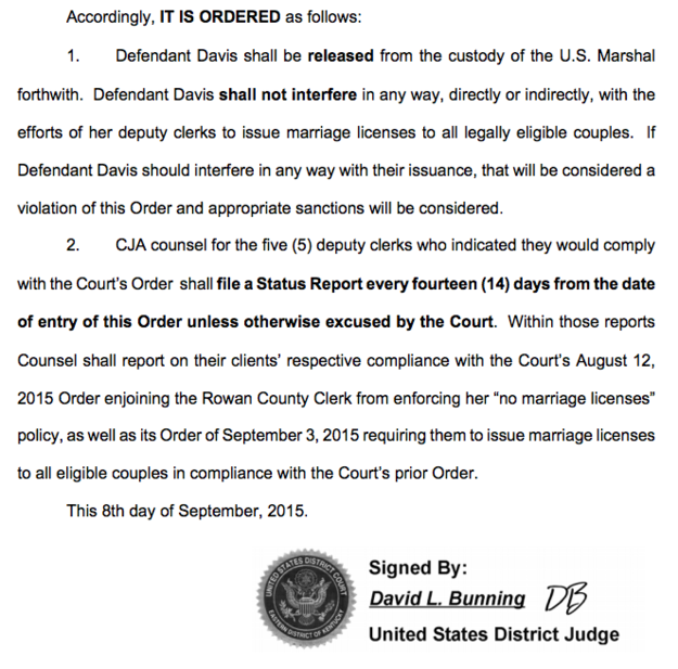 U.S. District Judge Bunning Releases Kim Davis From Custody - The Randy ...