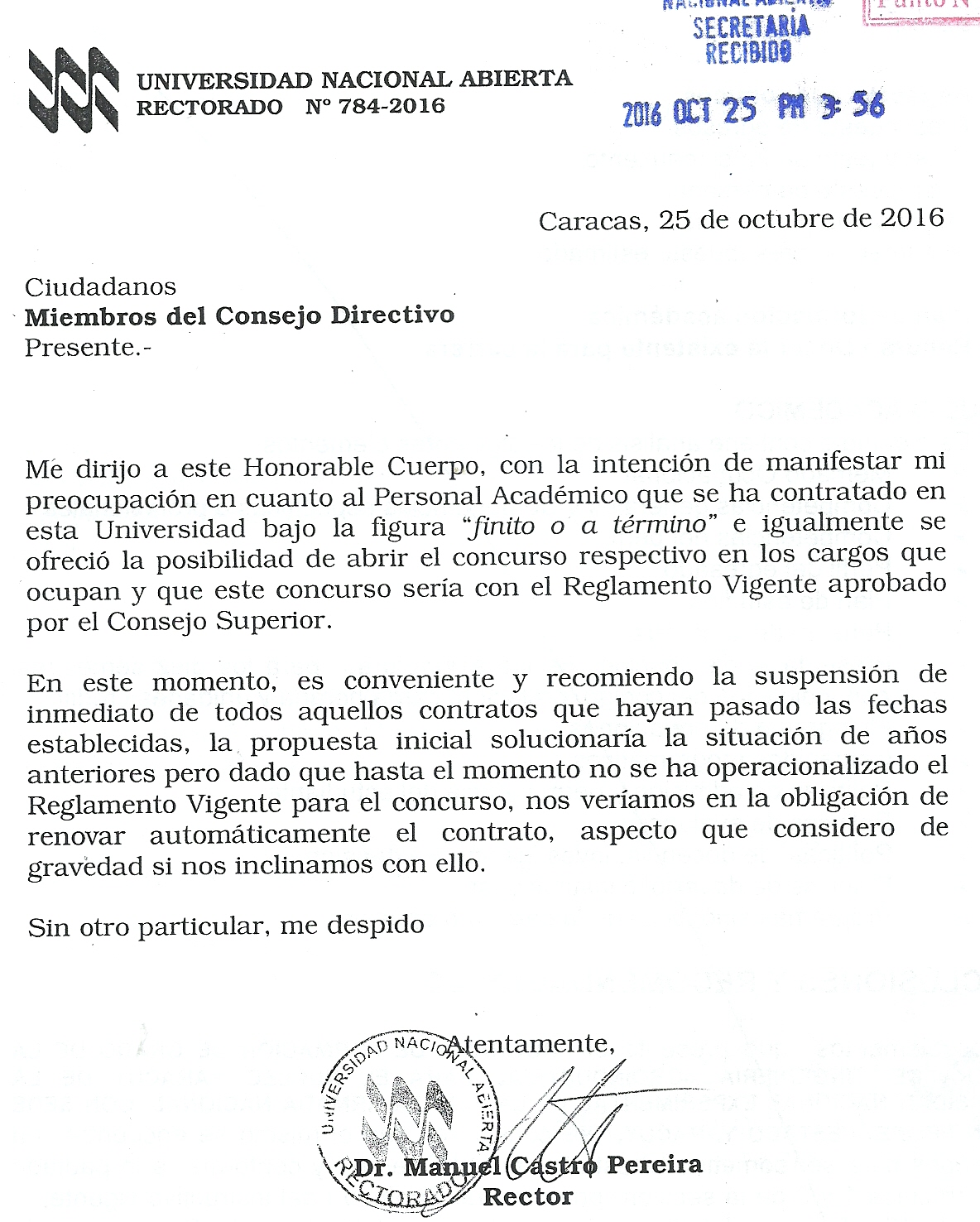 Representación del MPPEU en el Consejo Directivo de la UNA: octubre 2016