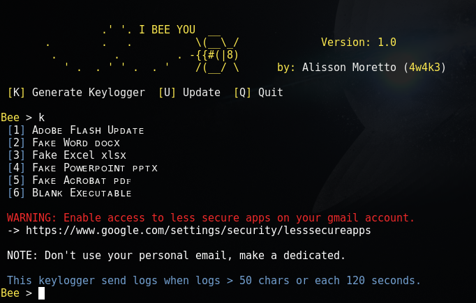 BeeLogger - Generate Emailing Keyloggers to Windows on Linux