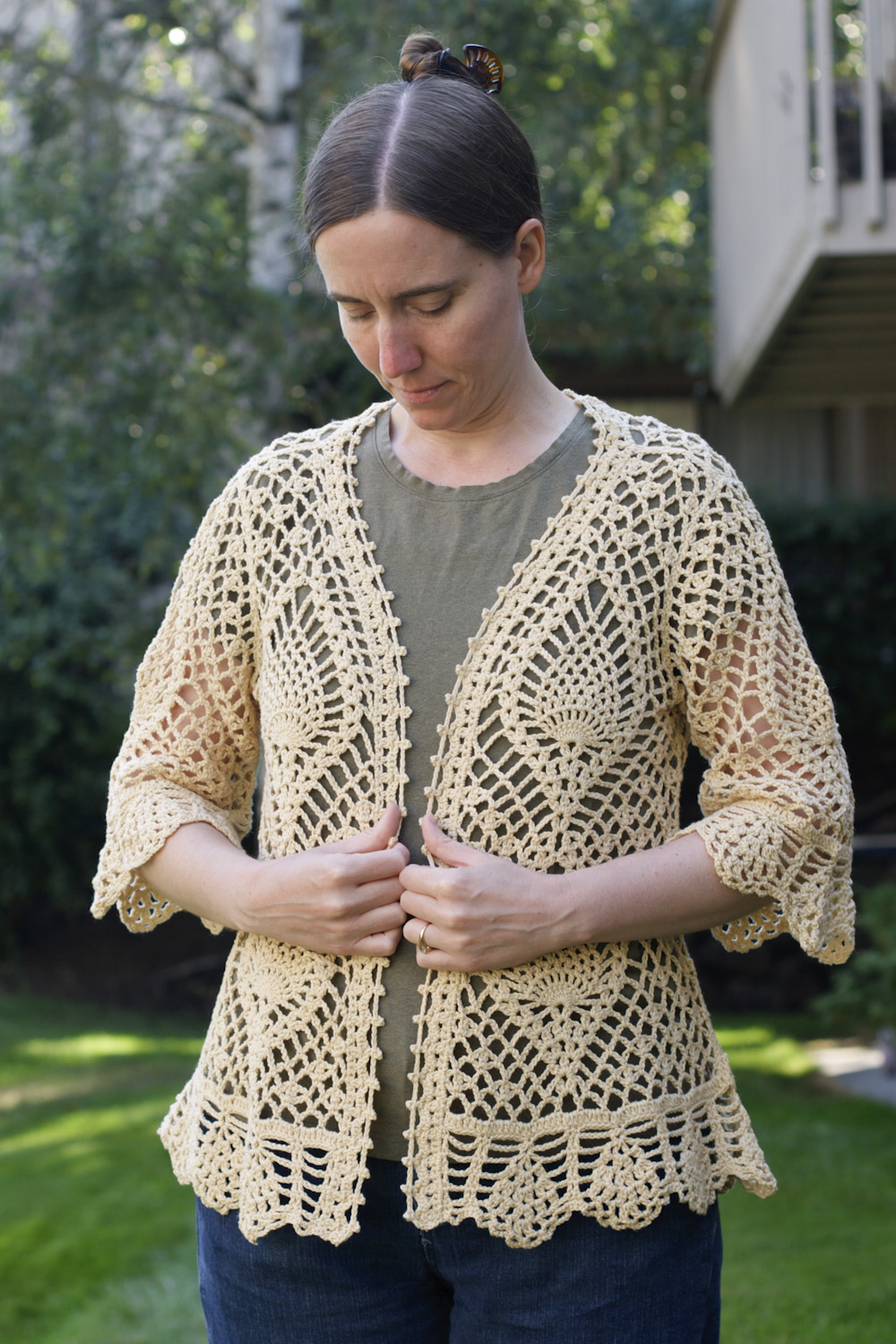 "We do it the Hard Way": Cream Pineapple Crochet Sweater