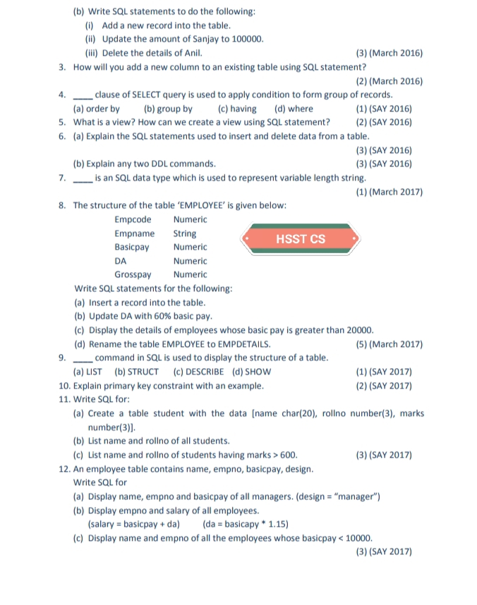 PSC HSST COMPUTER SCIENCE: PSC HSST CS SQL NOTES PSC HSST COMPUTER SCIENCE: PSC HSST CS SQL NOTES