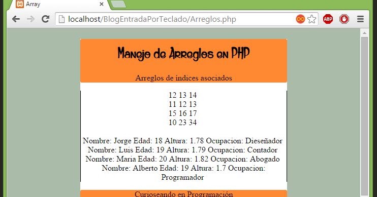 Ejemplos de arreglos y matrices en php