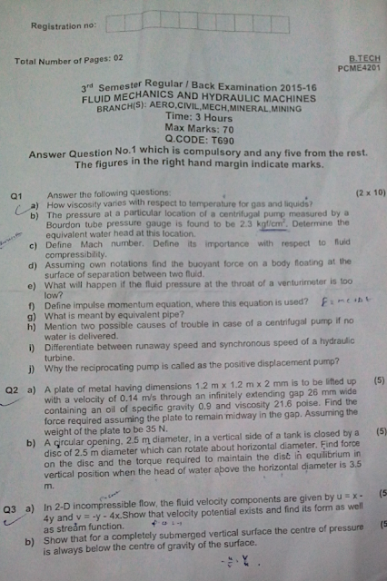 BPUT, Fluid Mechanics and Hydraulic Machines, BTech Civil, 2015 ...