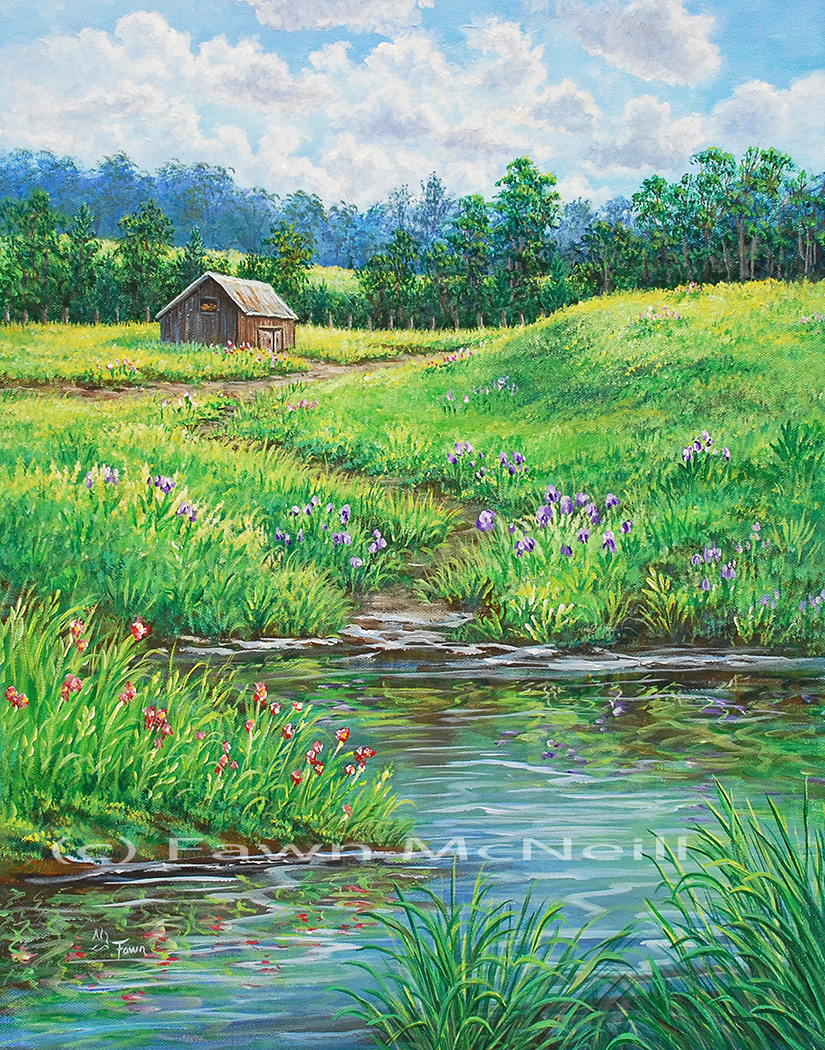Fawn's Paintings: A Country Mile, landscape with barn and pond