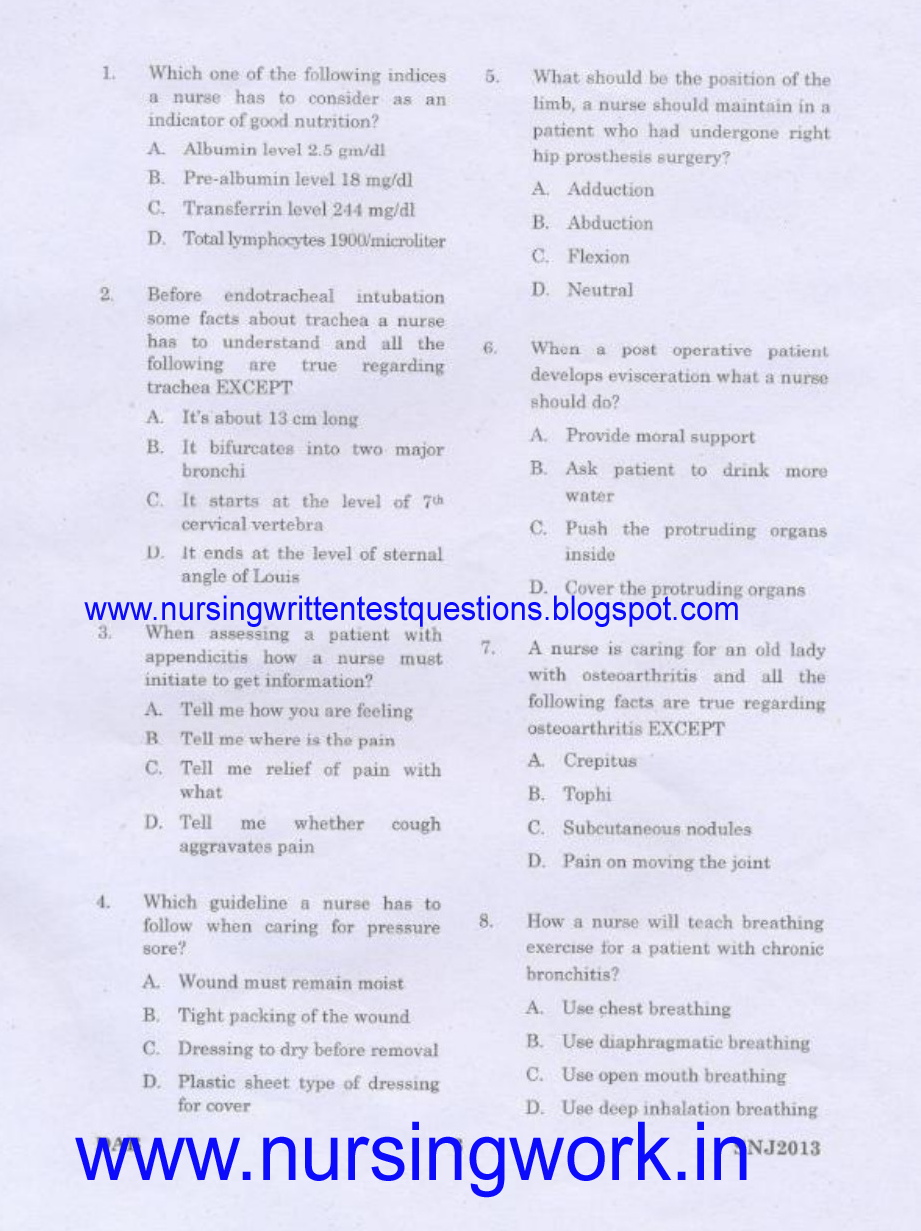 Staff Nurse Exam Model Question Paper- 100 Questions