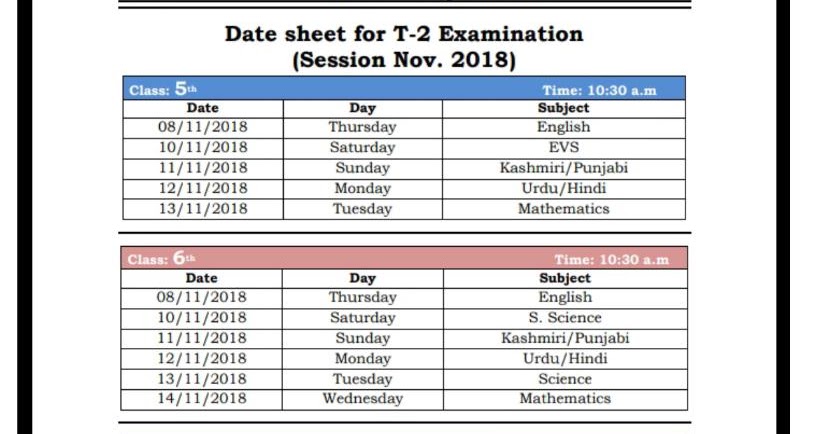 Date Sheet For 5th 6th And 7th Class For Kashmir T2 Exam 2018 date-sheet-for-5th-6th-and-7th-class-for-kashmir-t2-exam-2018