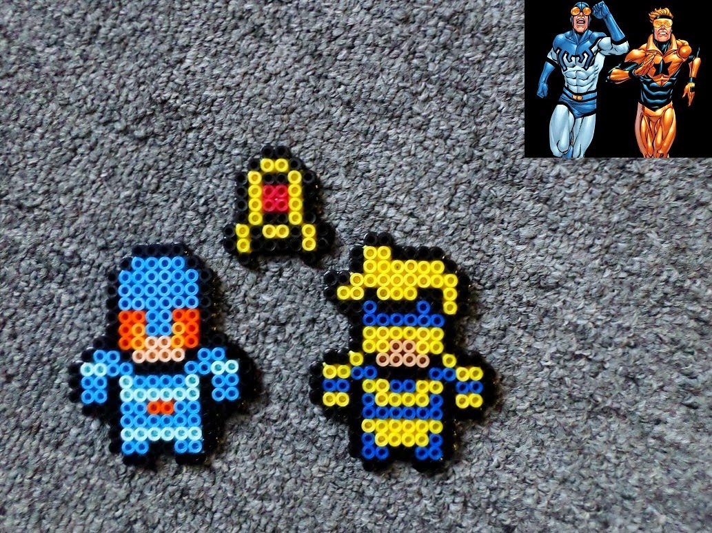 Long Black Fingers : Blue Beetle, Booster Gold, and Skeets Perler Beads