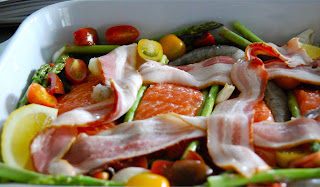 cup and table: bacon fish