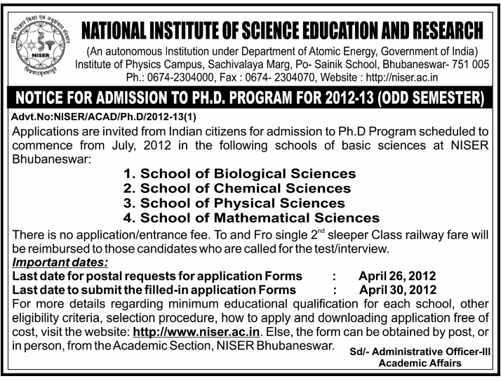 National Institute of Science Education and Research (NISER) Bhubaneswar PhD Admission/Program ...