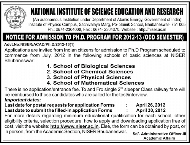 National Institute of Science Education and Research (NISER) Bhubaneswar PhD Admission/Program ...