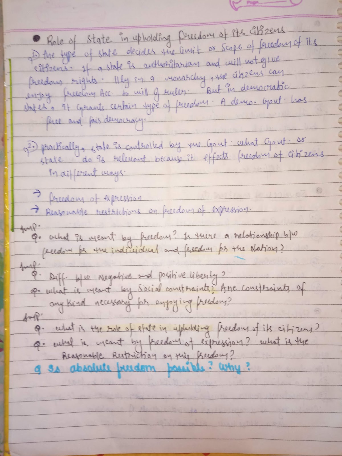 Handwritten Notes of FREEDOM - Political Science - Class 11th 'Humanities'