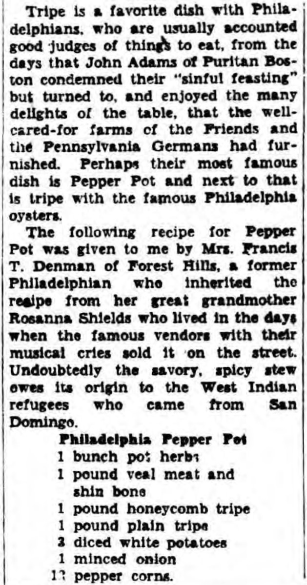 Philly & Stuff: Recipe - Philadelphia Pepper Pot - Philadelphia Tripe ...
