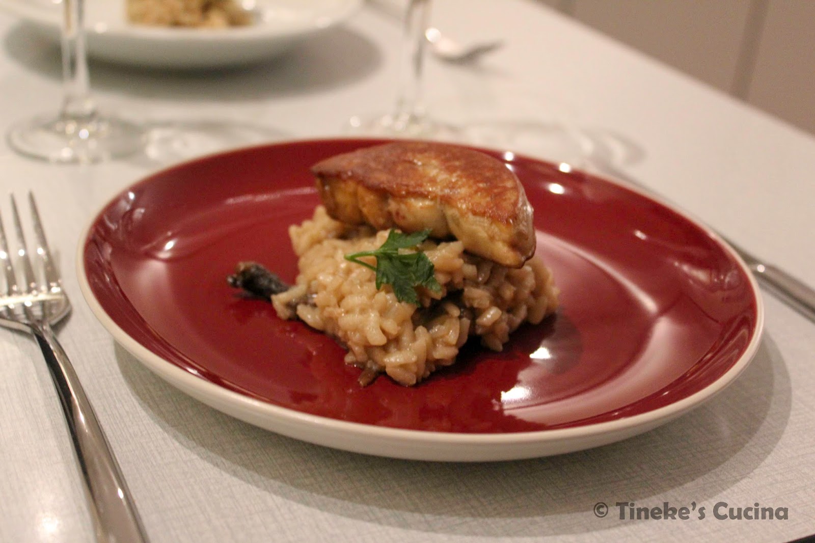 Risotto van boschampignons met gebakken eendenlever