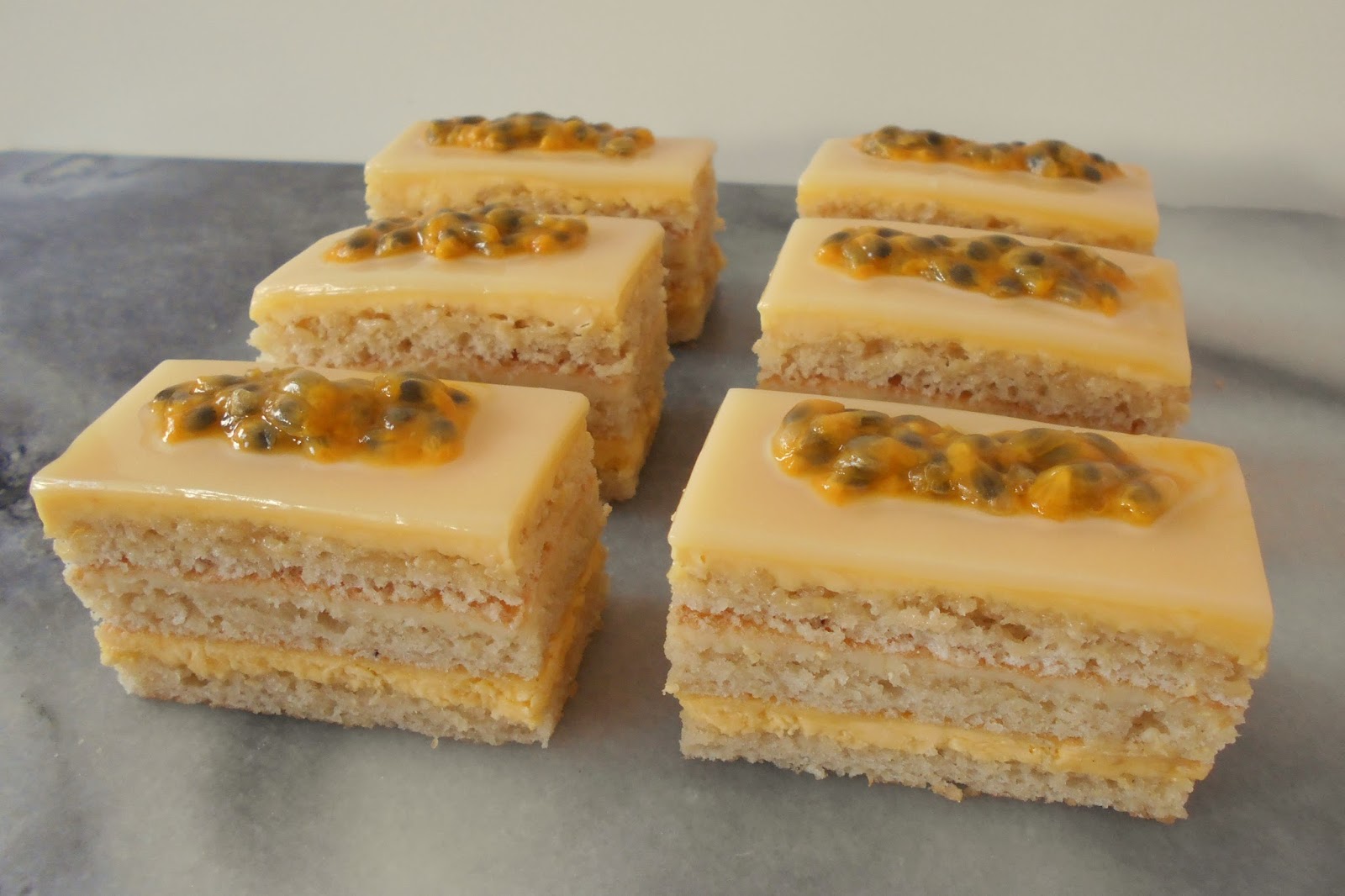 White Chocolate and Passionfruit Opera Cakes