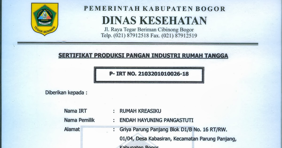 Rumah-Kreasiku: Sertifikat PIRT Rumah Kreasiku