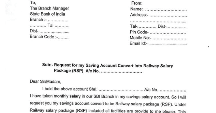 Request Form to convert Savings Account to Railway salary package (RSP) A/C