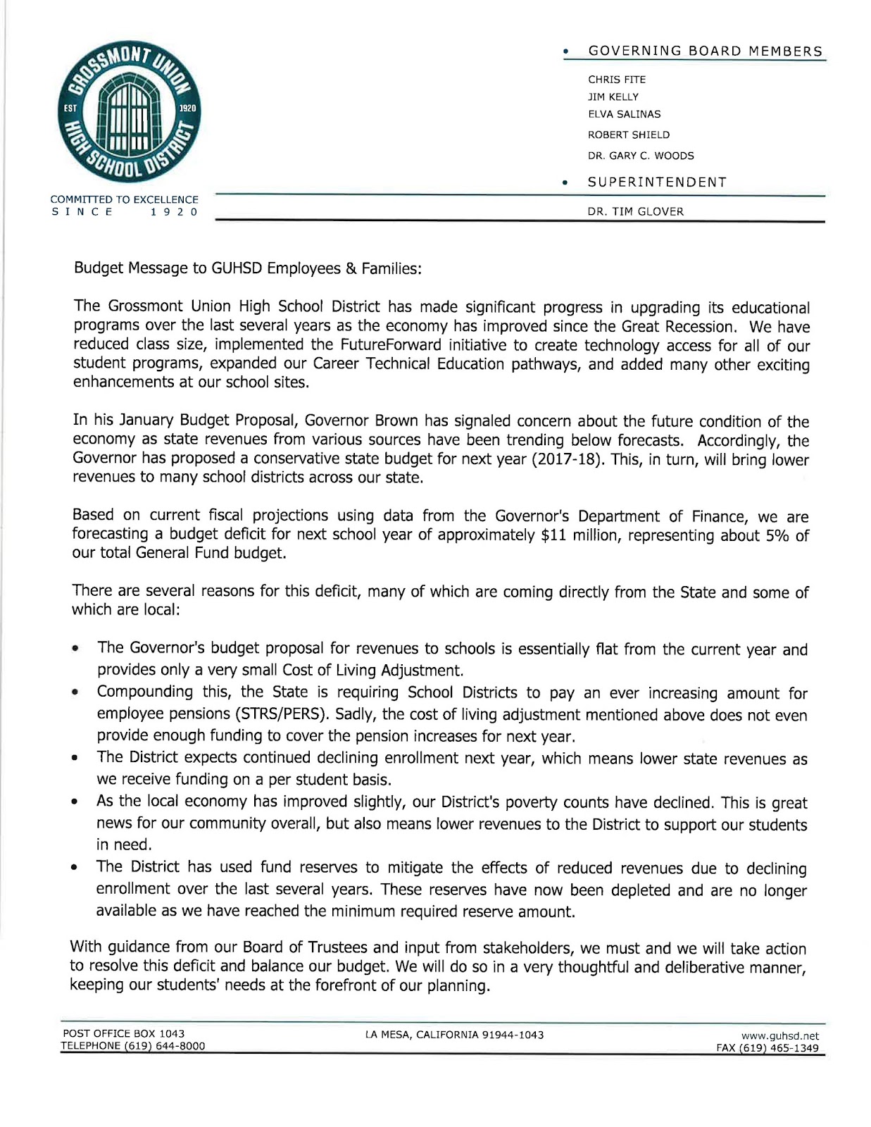 Budget Message from the Superintendent ~ Monte Vista PRIDE