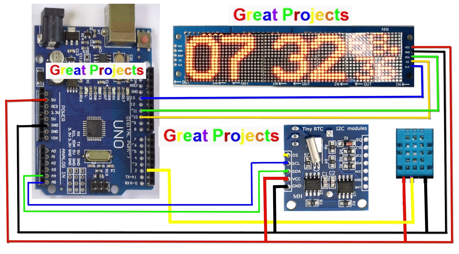 Great Projects Max7219 Dht11 Ds1307 16x64 Matrix Clock Arduino