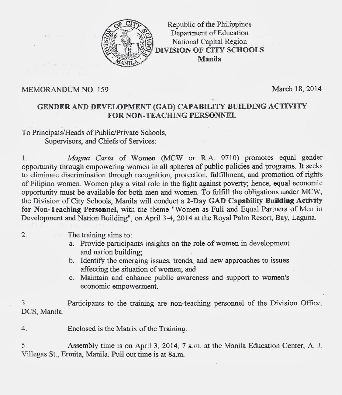 Department of Education Manila: Division Memorandum No. 159 - GENDER ...