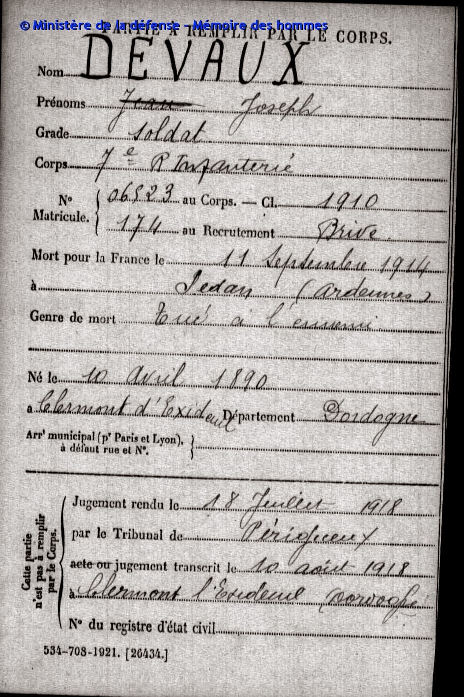 A nos soldats de la Grande Guerre 1914-1918: Joseph Devaux