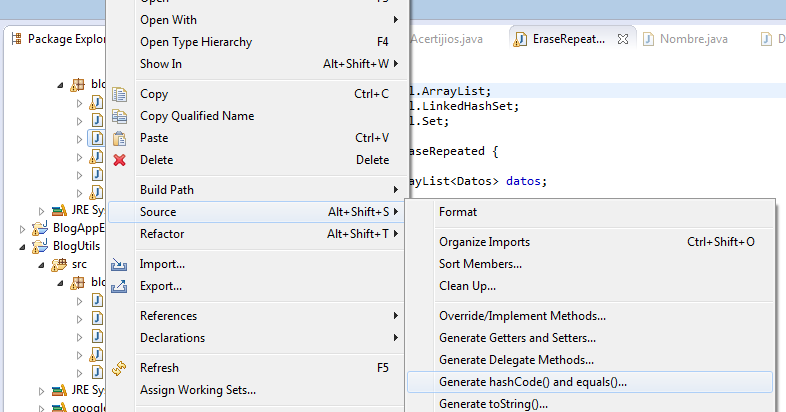 Java Util: Eclipse: Sobrescribir metodos equals() y hashCode()