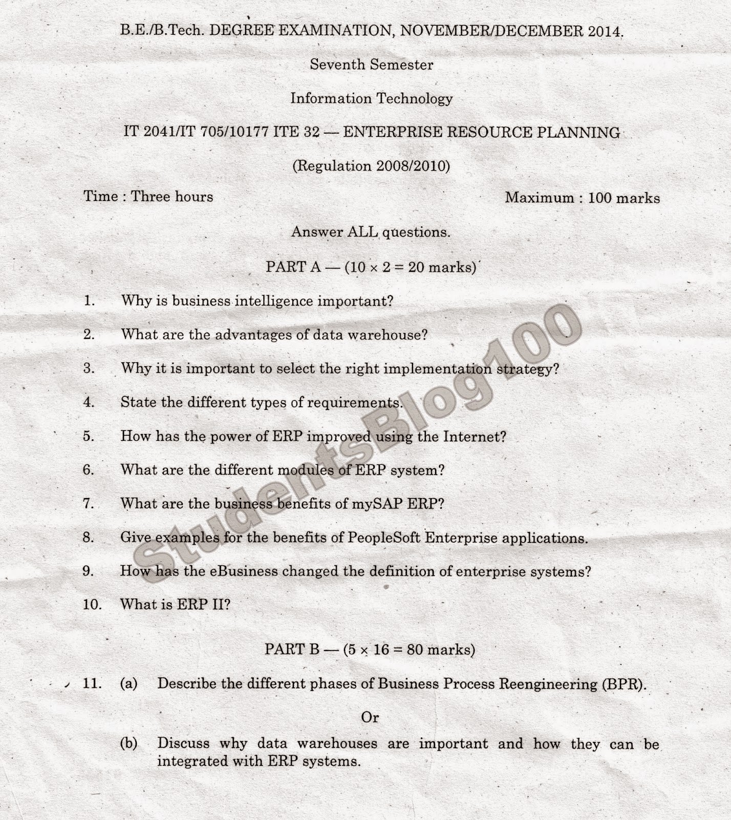 IT2041 ERP QUESTION PAPER | ENTERPRISE RESOURCE PLANNING NOV/DEC 2014 ...