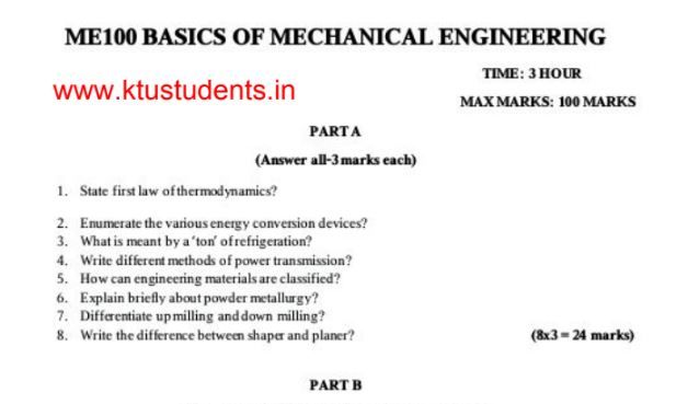 Model Question Paper Set1:ME100 BASICS OF MECHANICAL ENGINEERING | KTU Students - Engineering ...