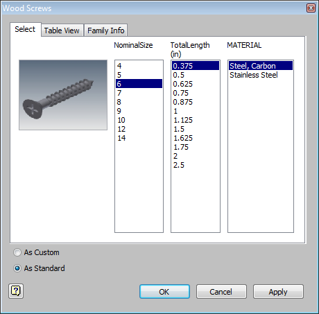 Placing the screw. Nominal size, Total Length, & Material are my key ...