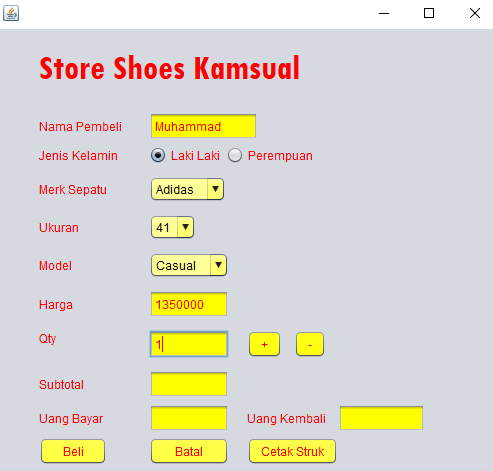 Desain jframe and source coding aplikasi toko sepatu