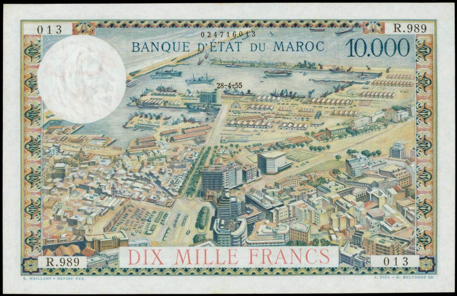 Morocco 100 Dirhams on 10000 Francs banknote 1955|World Banknotes ...