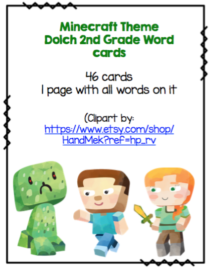 Minecraft Theme Dolch 2nd Grade Words ~ Preschool Printables