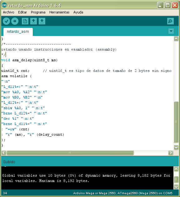 Mi código : Usar asm (esamblador) en un sketch de programación para Arduino