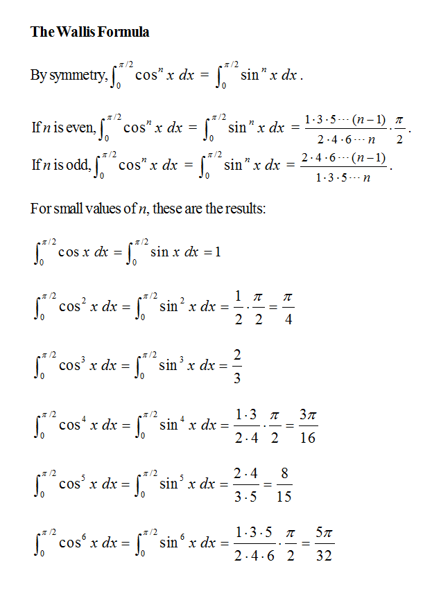 Mr B s Math Blog Wallis s Formula For Integrals Of Powers Of Sine And