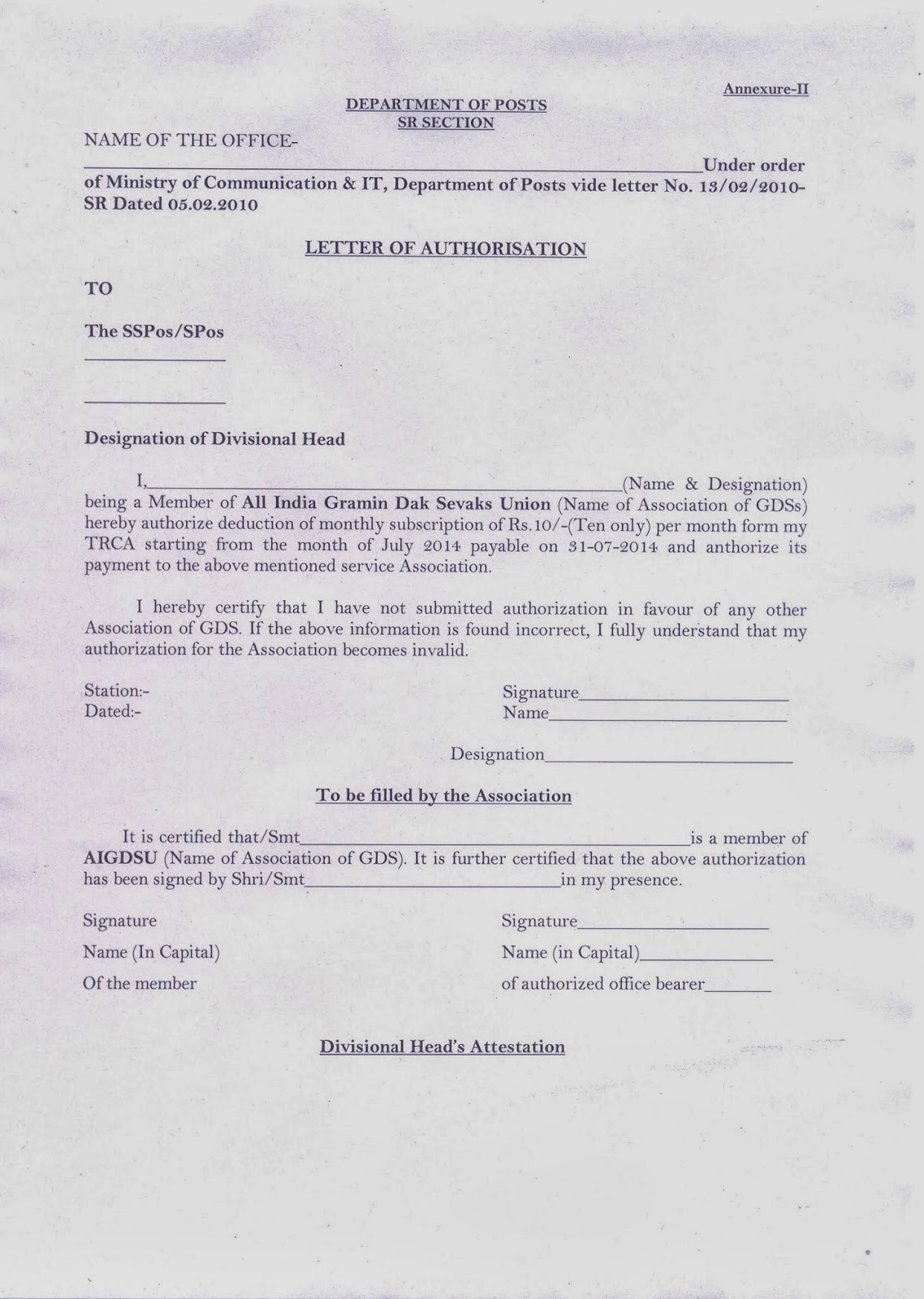 RURAL POSTAL EMPLOYEES: MEMBERSHIP LETTER OF AUTHORISATION